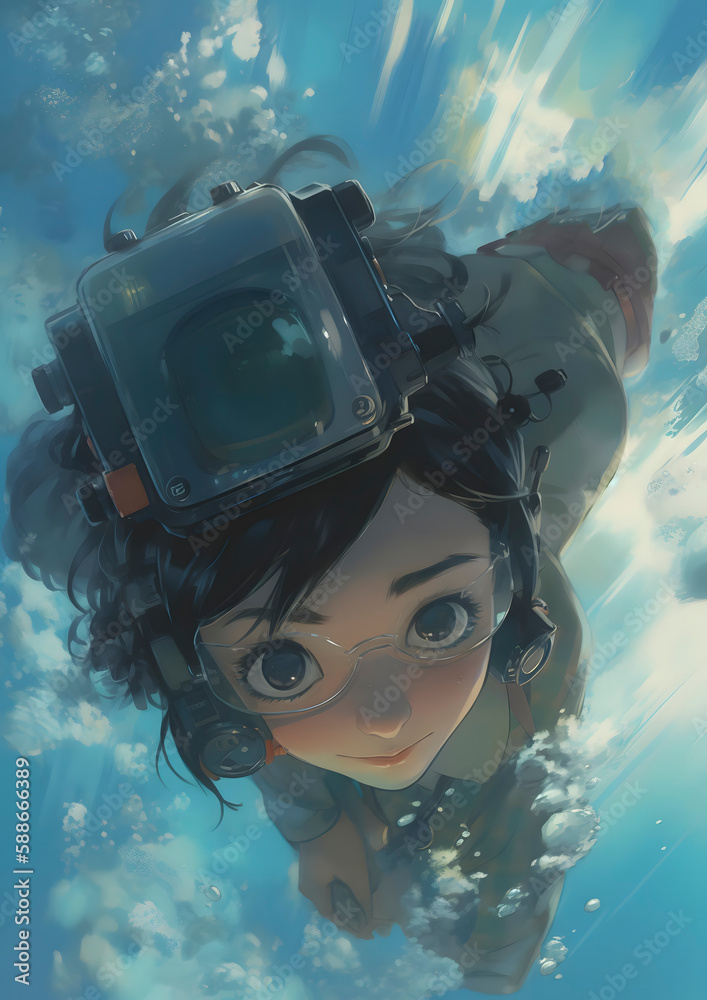 Freefall Adventure: An Anime Female Character Jumping from the Sky with ...