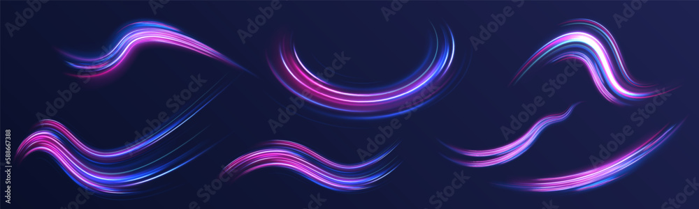 Futuristic neon light line trails. bright sparkling background. Purple ...