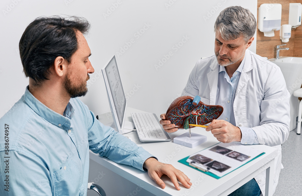 Gastroenterologist doctor explaining liver and gallbladder problems ...