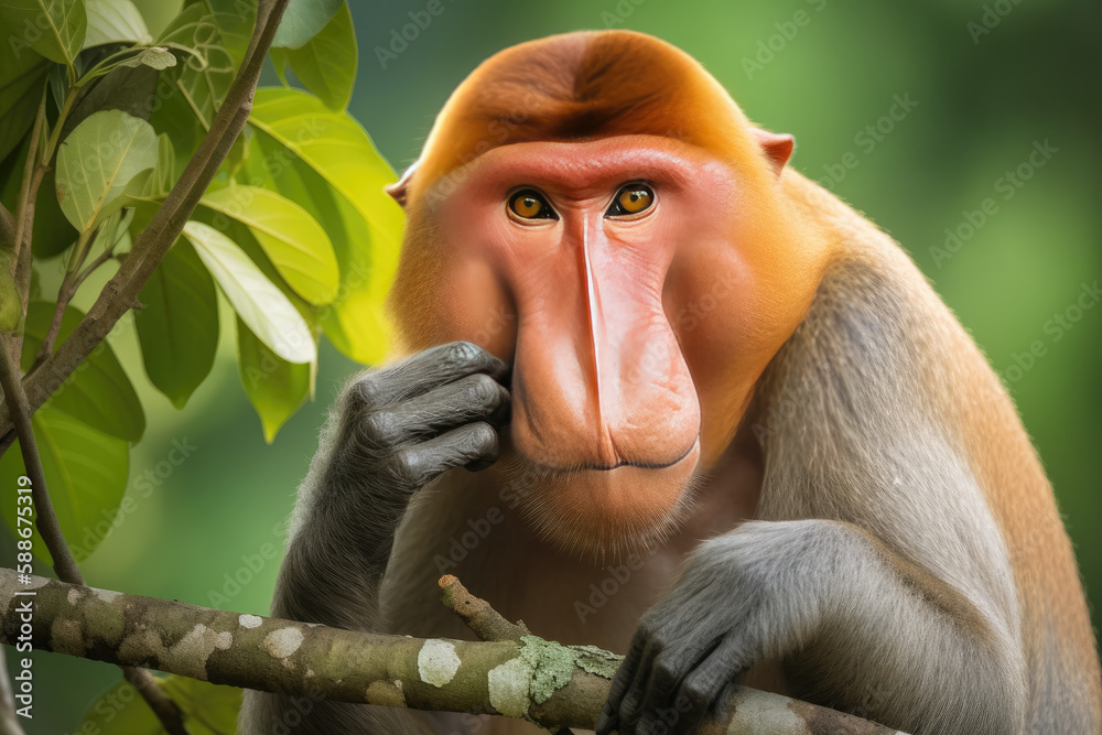 Highly Endangered Proboscis Monkey (Nasalis larvatus) sitting in a tree ...