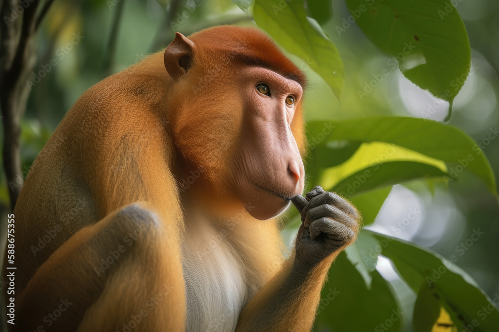 Highly Endangered Proboscis Monkey (Nasalis larvatus) sitting in a tree ...