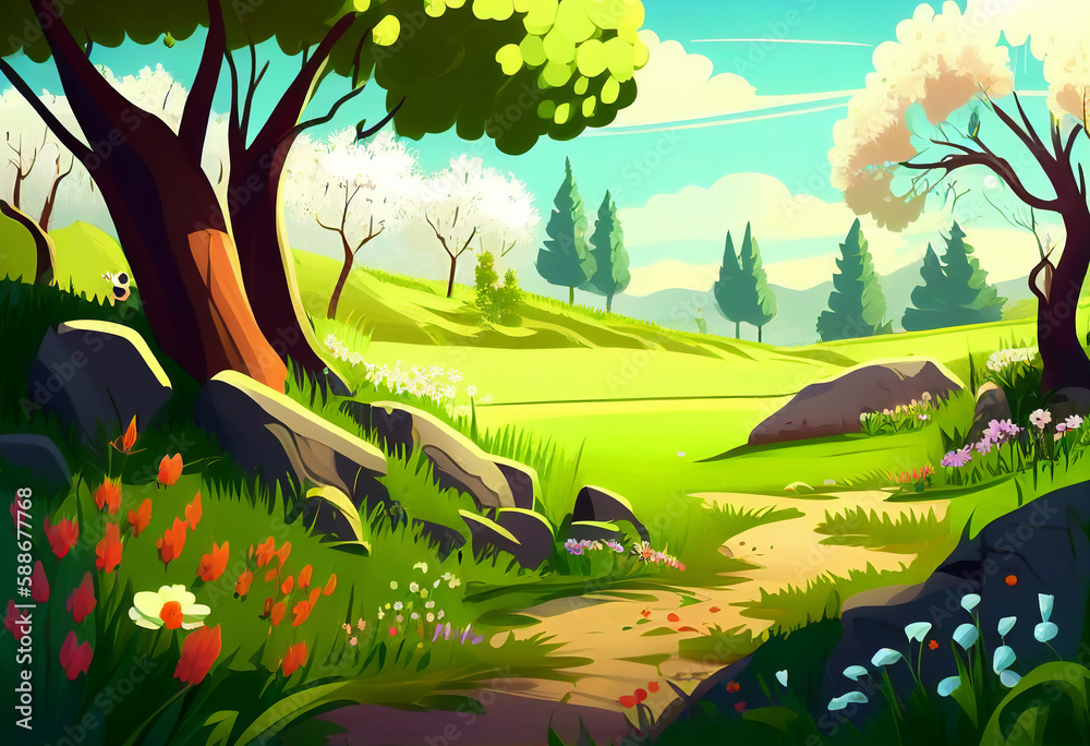 Cartoon meadow spring country meadow landscape background of a ...