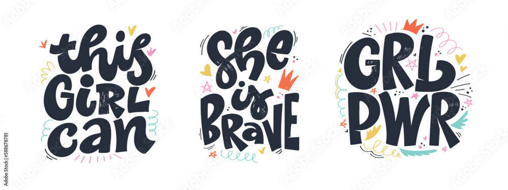 Feminism slogan. Girl power quotes set, hand drawn lettering vector ...