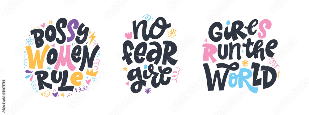 Feminism slogan. Girl power quotes set, hand drawn lettering vector ...