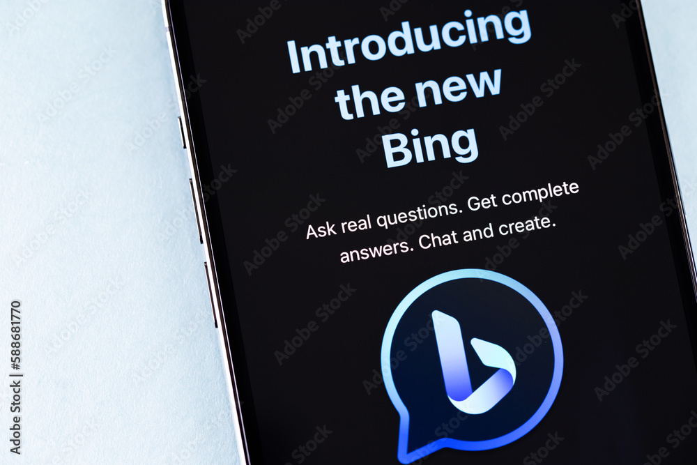 Microsoft Bing logo mobile app on the screen smartphone iPhone closeup ...