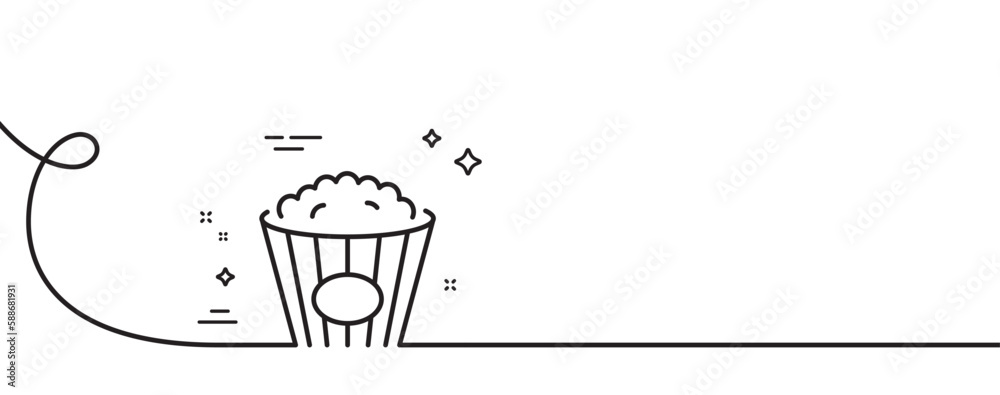 Popcorn line icon. Continuous one line with curl. Pop corn sign. Cinema ...