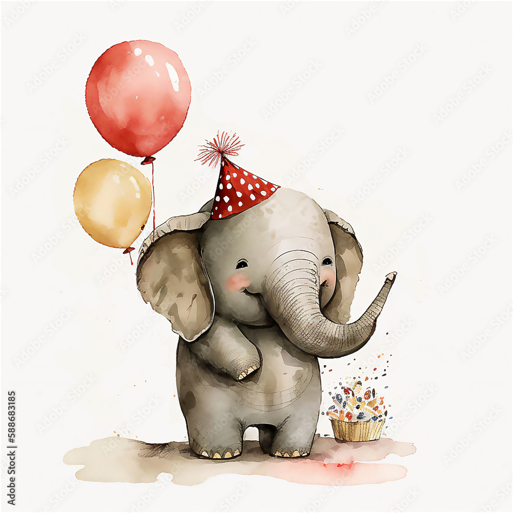 Happy Cute Baby elephant with balloons. Happy Birthday. Holiday concept ...