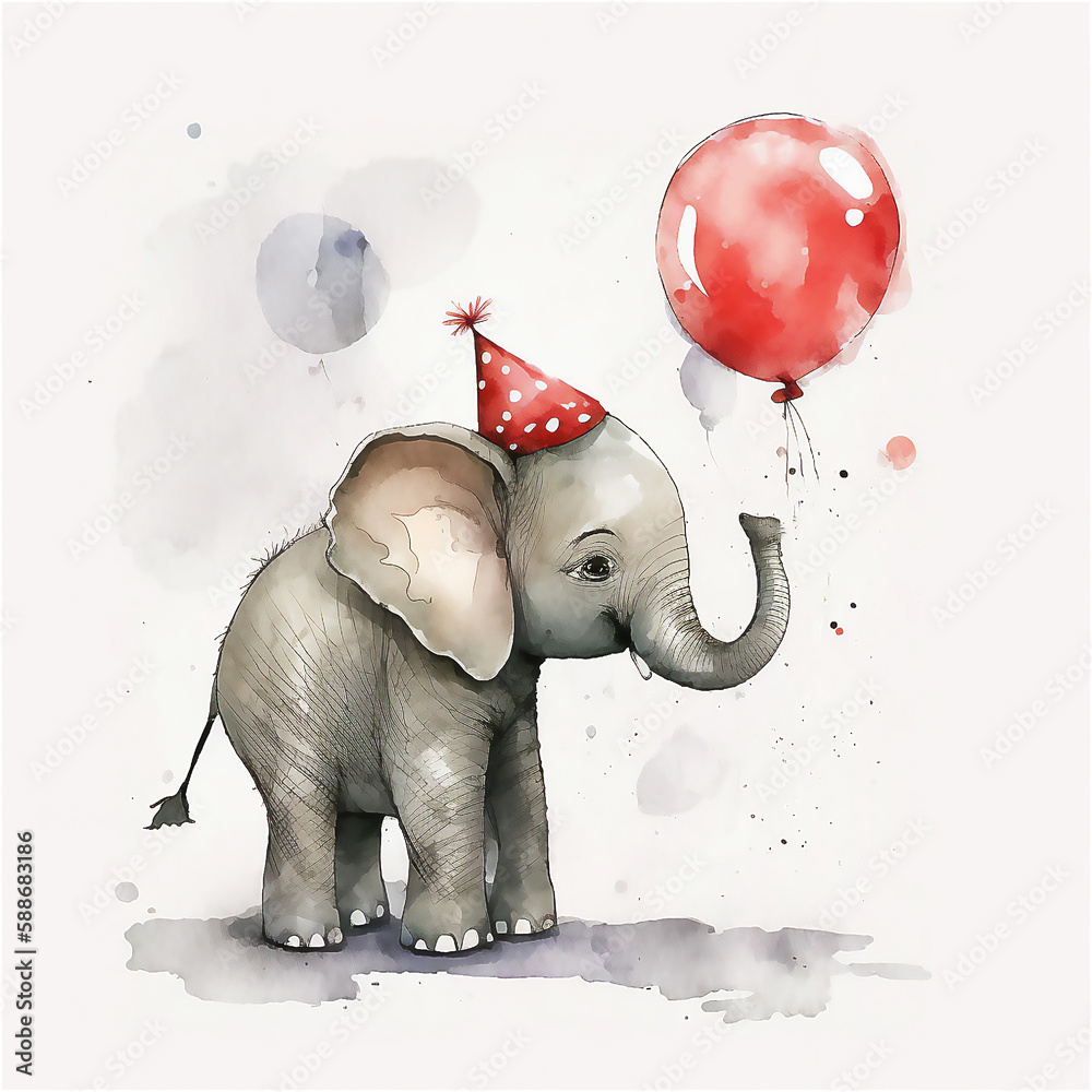 Happy Cute Baby elephant with balloons. Happy Birthday. Holiday concept ...