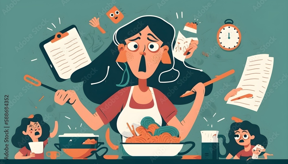 Busy Mom Feeling Overwhelmed with Household Chores. Funny stay-at-home ...