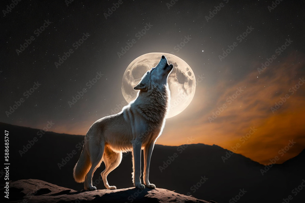 Beautiful white wolf howling at the full moon.Generative AI. Stock ...