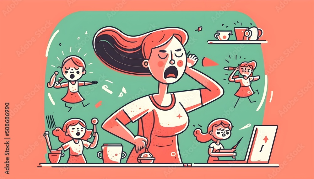 Chaos and stress of multitasking busy mom with crying baby. Tired woman ...