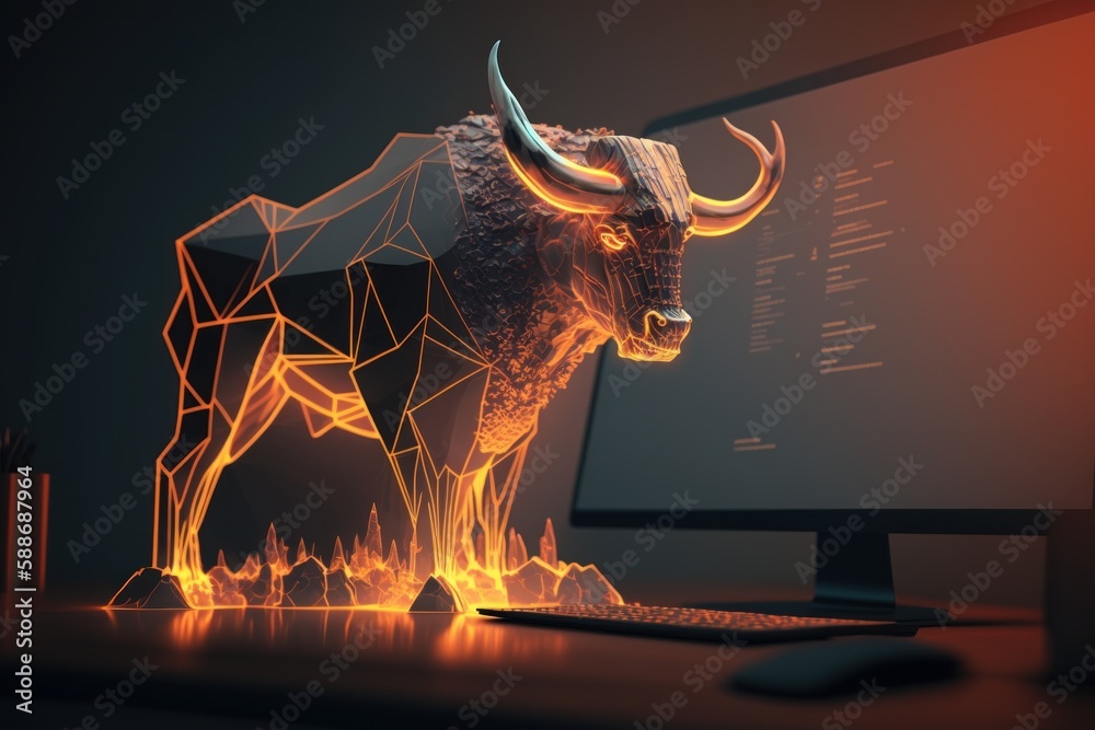 Fire sculpture of bull in front of computer screen, Bullish divergence ...
