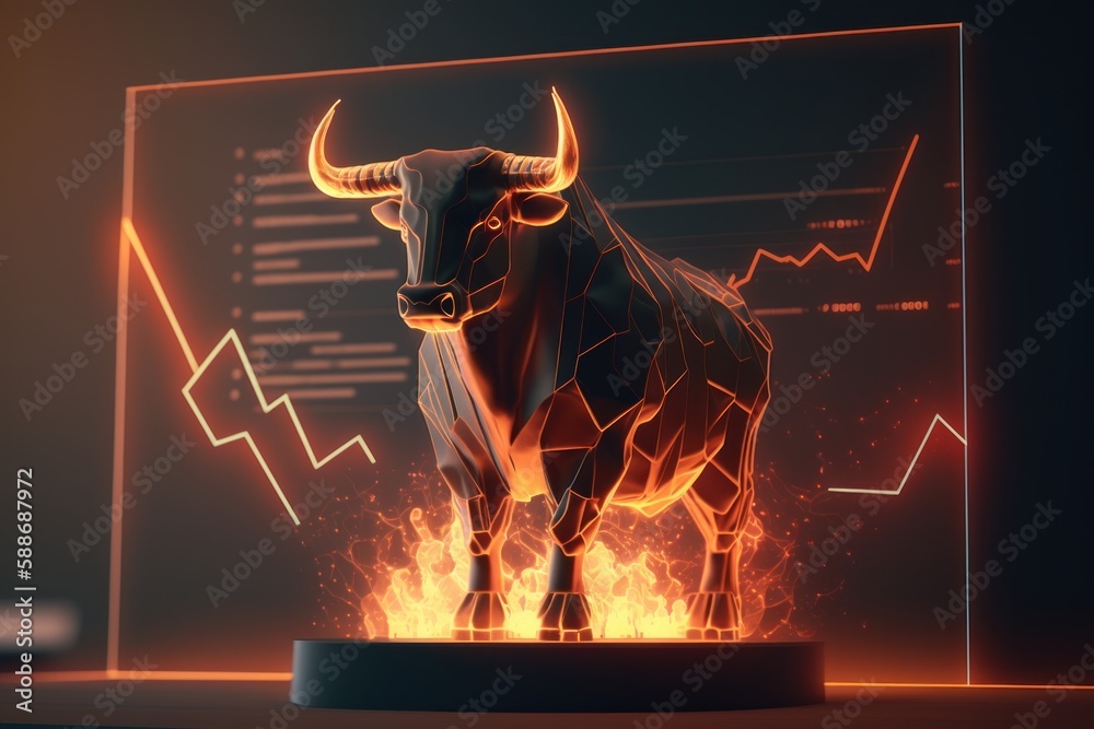 Fire sculpture of bull in front of computer screen, Bullish divergence ...