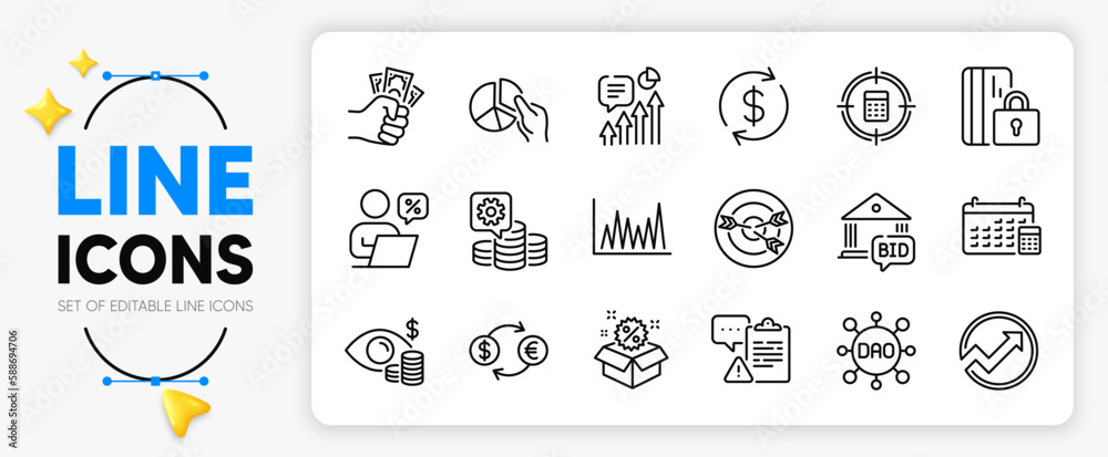 Usd exchange, Dao and Calendar line icons set for app include Audit ...