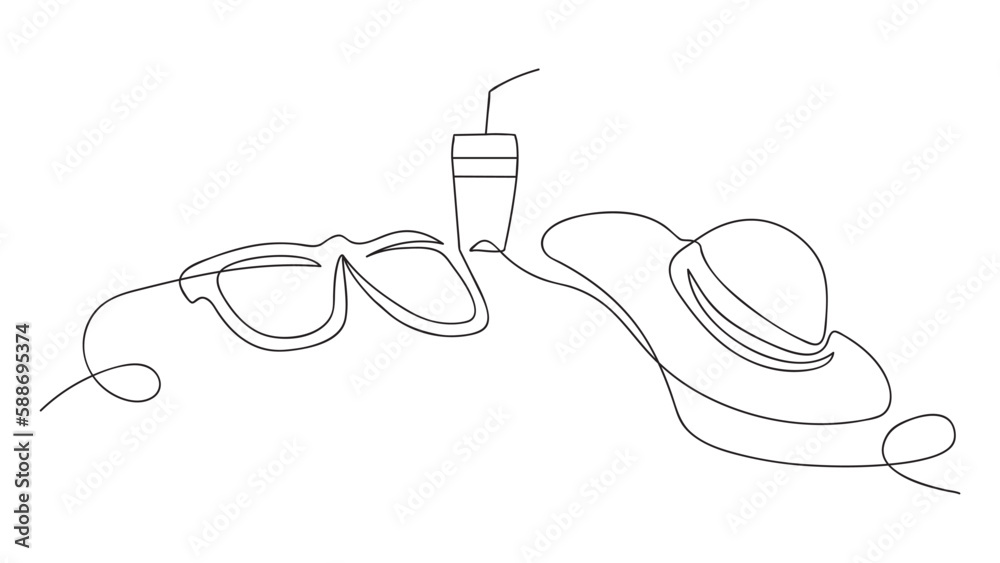 Continuous line drawing of summer concept of hat, cocktail glass ...