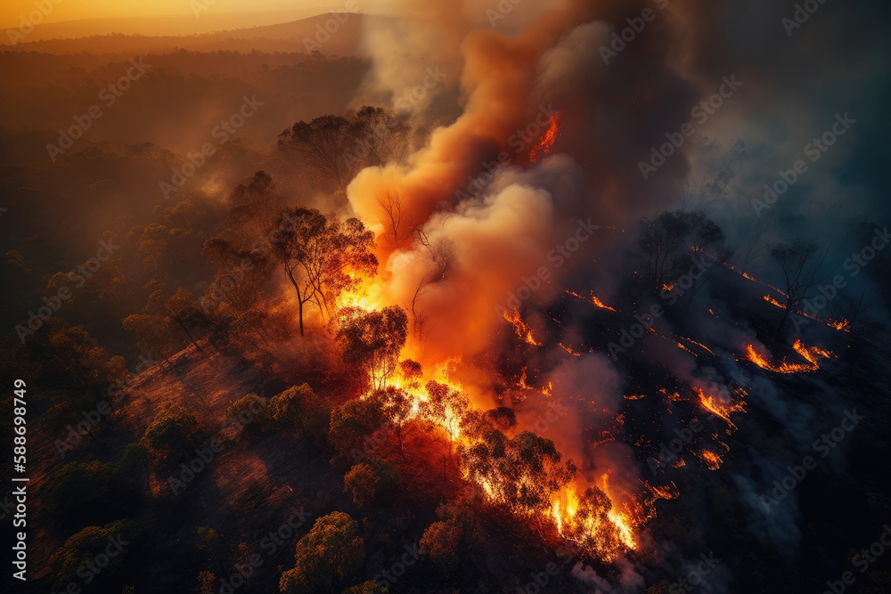 Aerial photography of a massive forest fire. Drone top view of wildfire ...