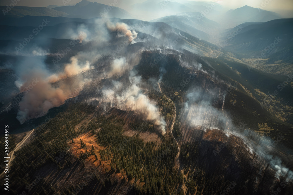Aerial view of a massive forest fire Hawaii 2023. Drone top view of wildfire with smoke and ...