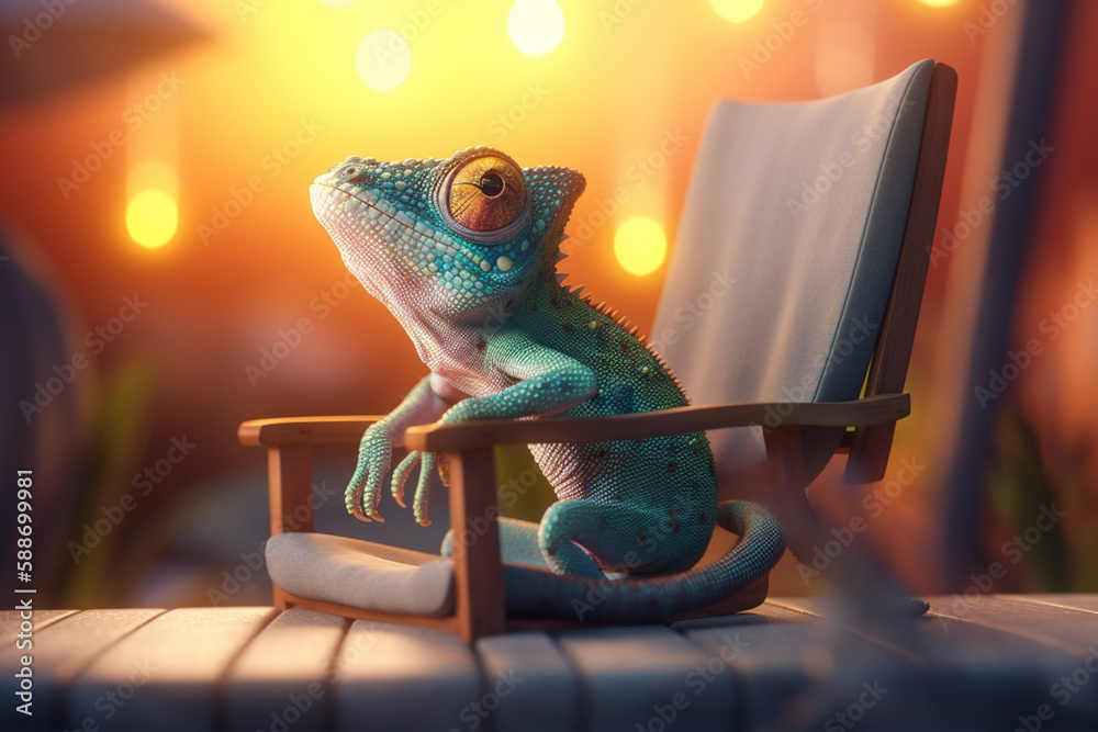 Chillaxin' Cham: A Photorealistic Cartoon Chameleon Relaxing in a Beach ...