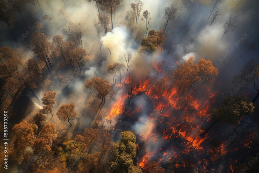 Aerial photography of a massive forest fire. Drone top view of wildfire with smoke and burning ...