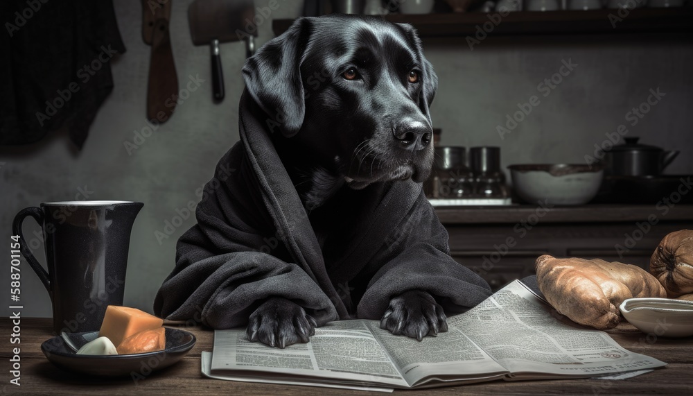 Anthropomorphic black labrador, in a robe, eating breakfast and reading ...