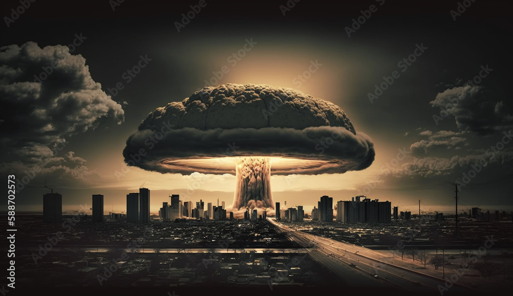 Image of nuclear explosion with cityscape on background. 3d rendering ...