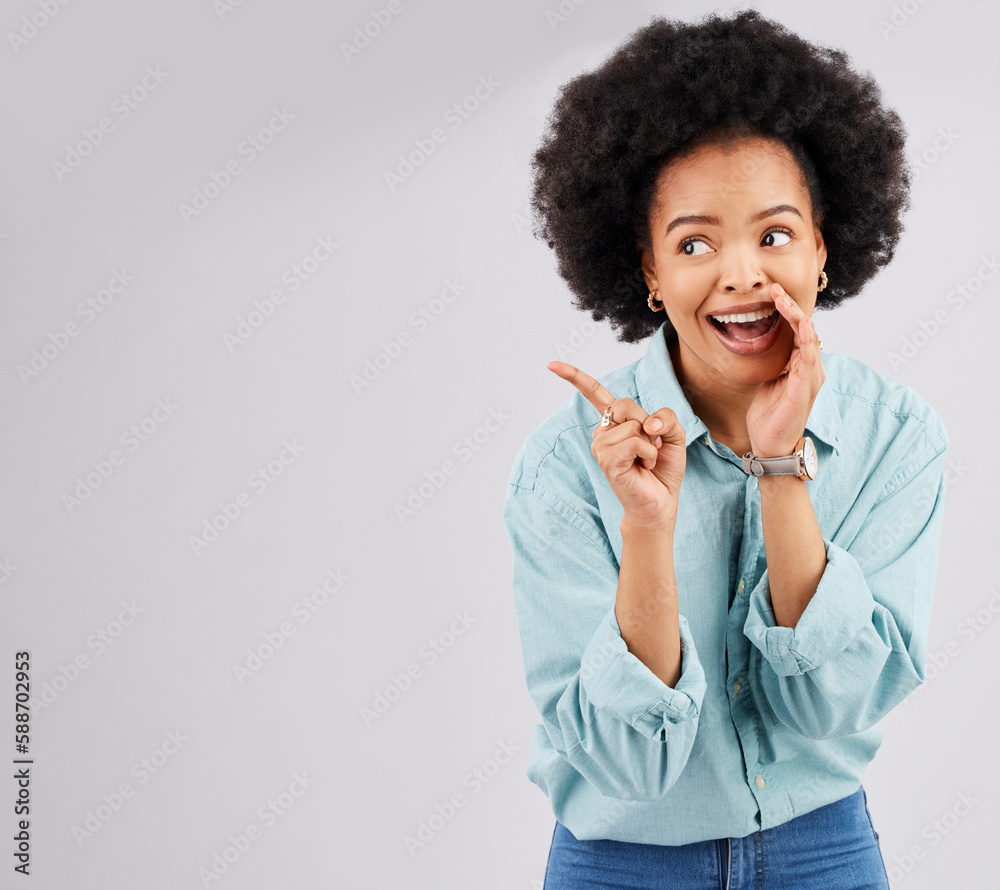 Foto Stock Gossip, wow and woman pointing in a studio telling a secret ...