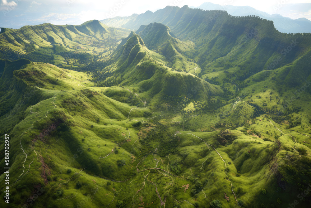 Aerial view of a mountain landscape. Mountains and valleys covered with ...