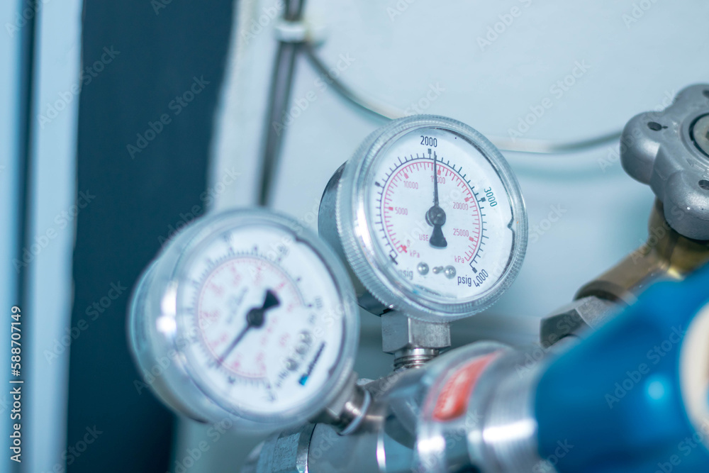 Pressure gauge on a gas regulator in a laboratory analytical equipment ...