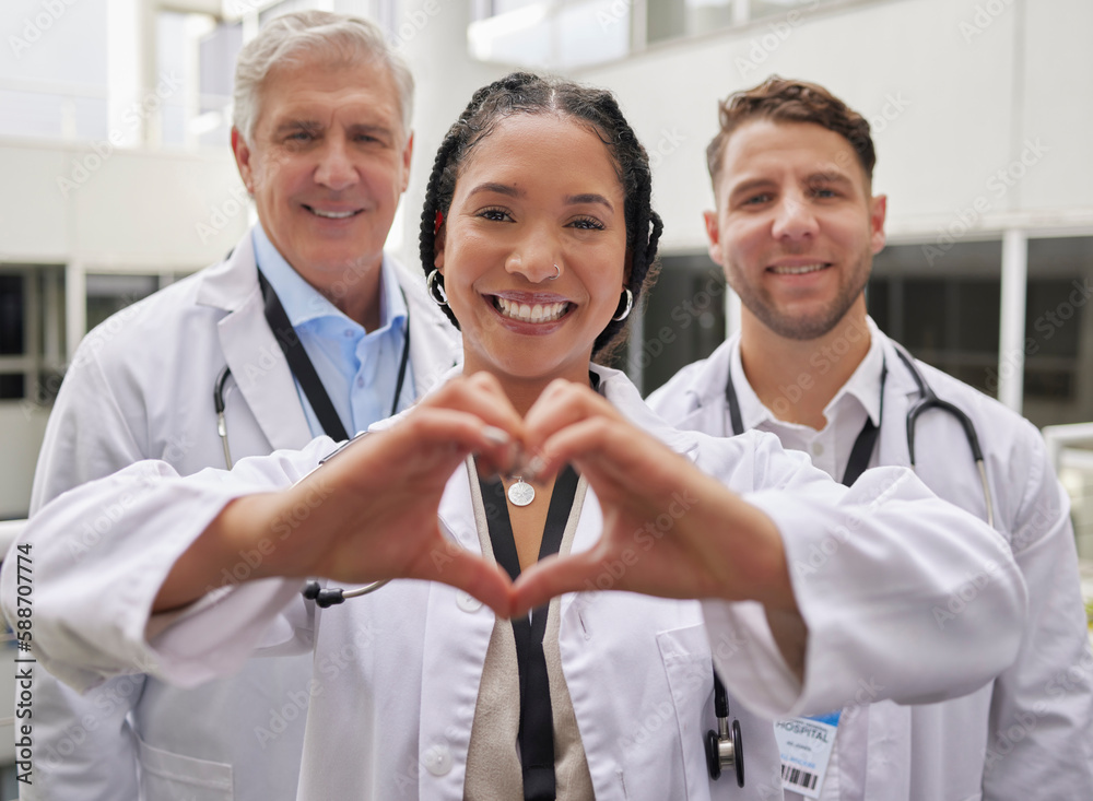 Heart hand, woman doctor and portrait with a healthcare and wellness ...
