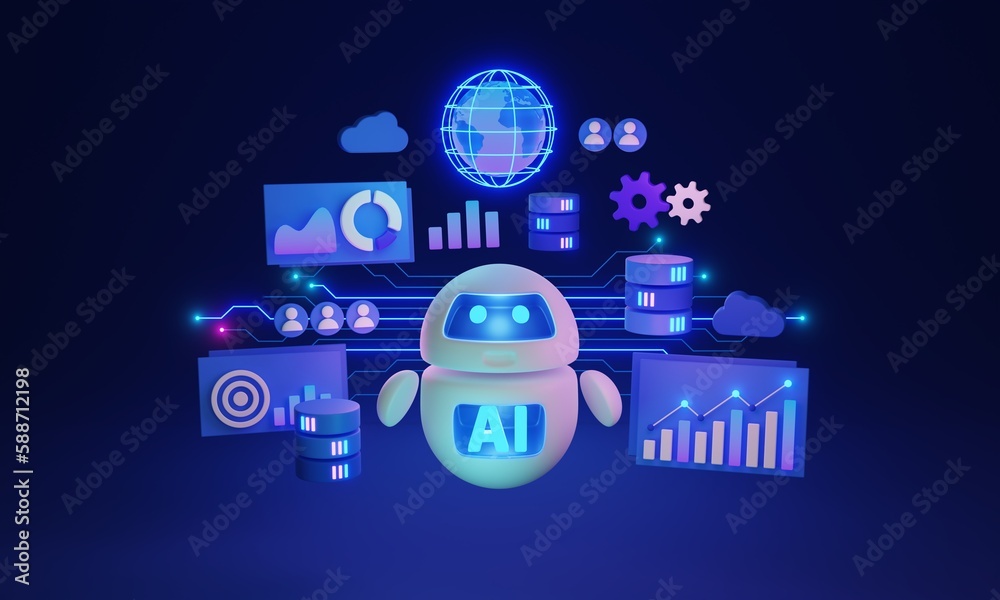 AI powered data analytics and automated info research 3D illustration ...