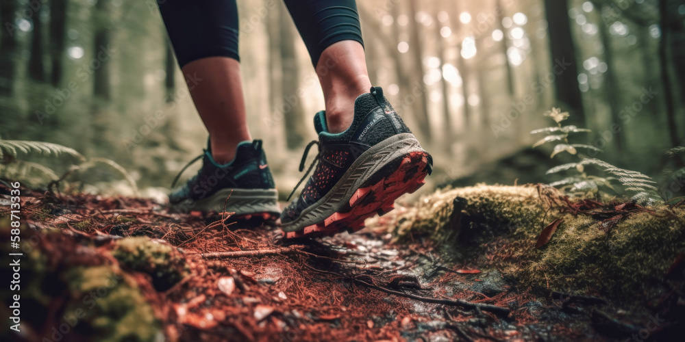 Lady trail runner walking on forest path with close up of trail running ...