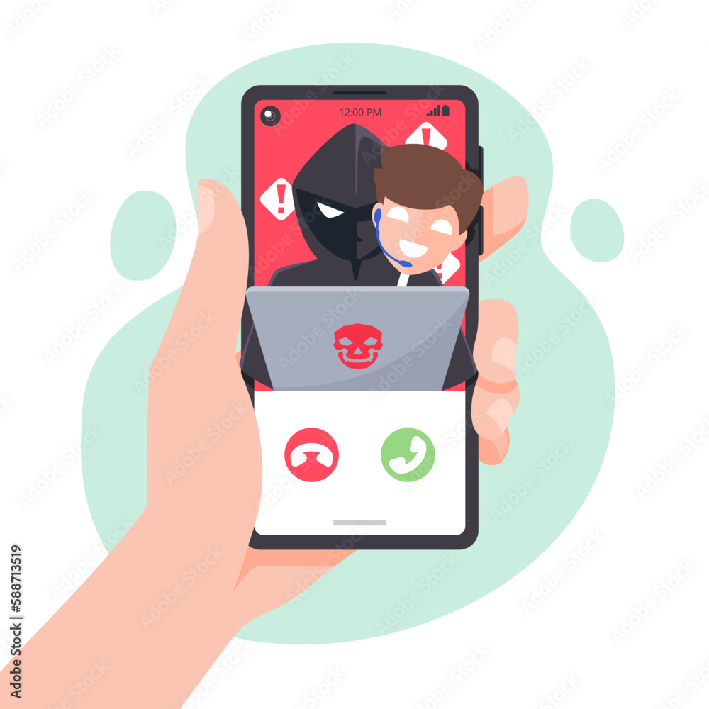 A fake thief in disguise calls the smartphone. fraud scam and steal ...