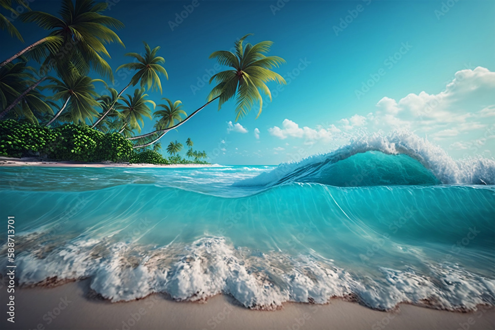 Ocean seashore with waves on a tropical island beach background ...