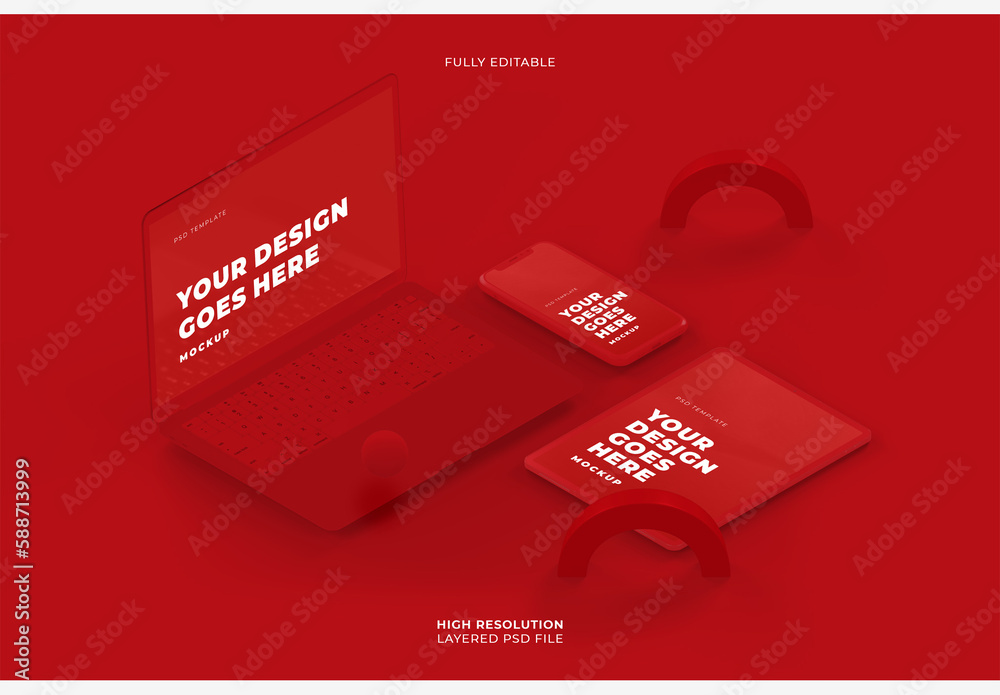 Red Smartphone and Laptop and Tablet Mockups on Isometric View Red ...