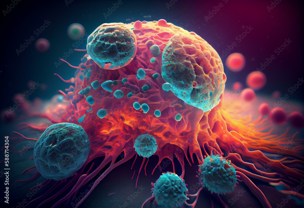 colorful Microscopic view of tumor cells, Cancer Cells destroyed by ...