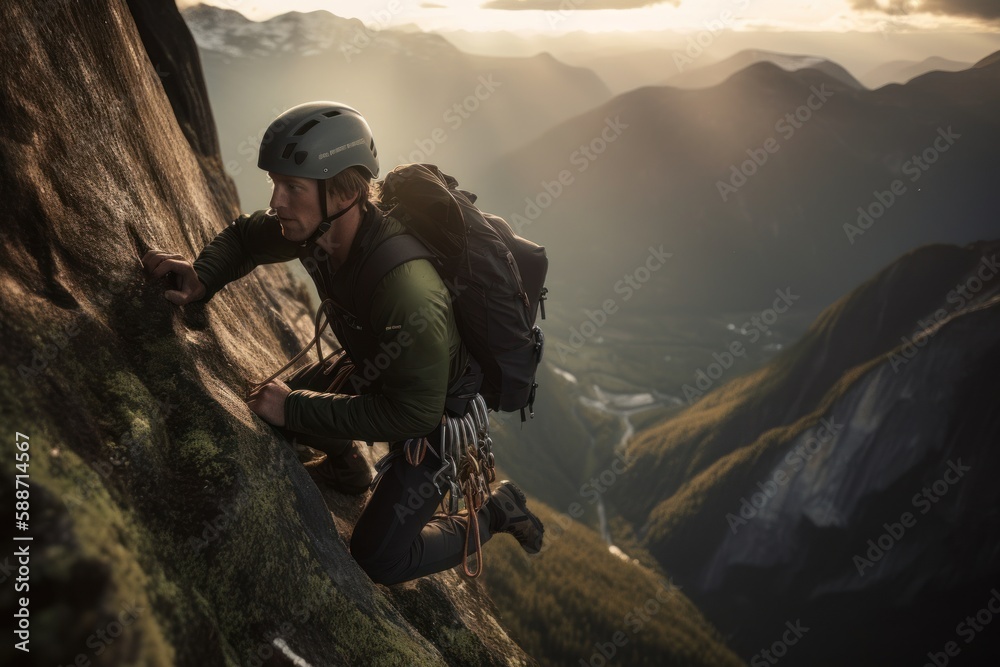 A stunning photography of a brave male climber scaling a steep rock ...