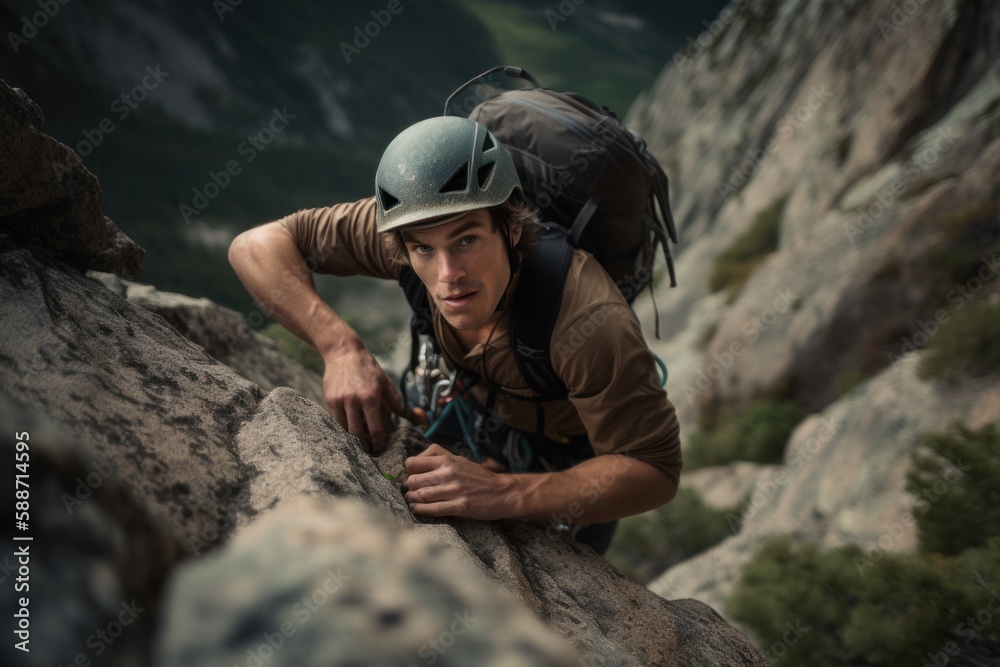A stunning photography of a brave male climber scaling a steep rock ...