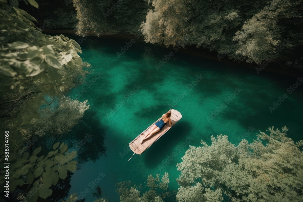 Breathtaking aerial photograph of a woman leisurely swimming on a raft ...