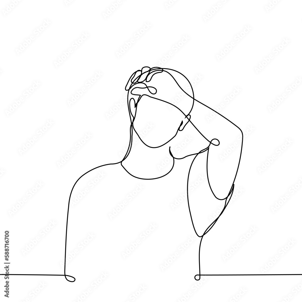 man wipes sweat from his forehead with his hand - one line drawing ...