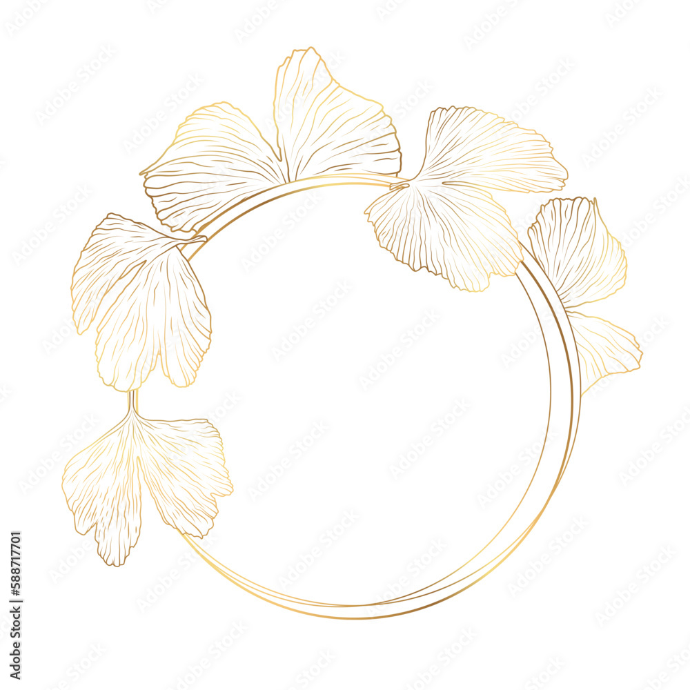 Golden Ginkgo Biloba leaves border frame decoration. Wedding marriage ...