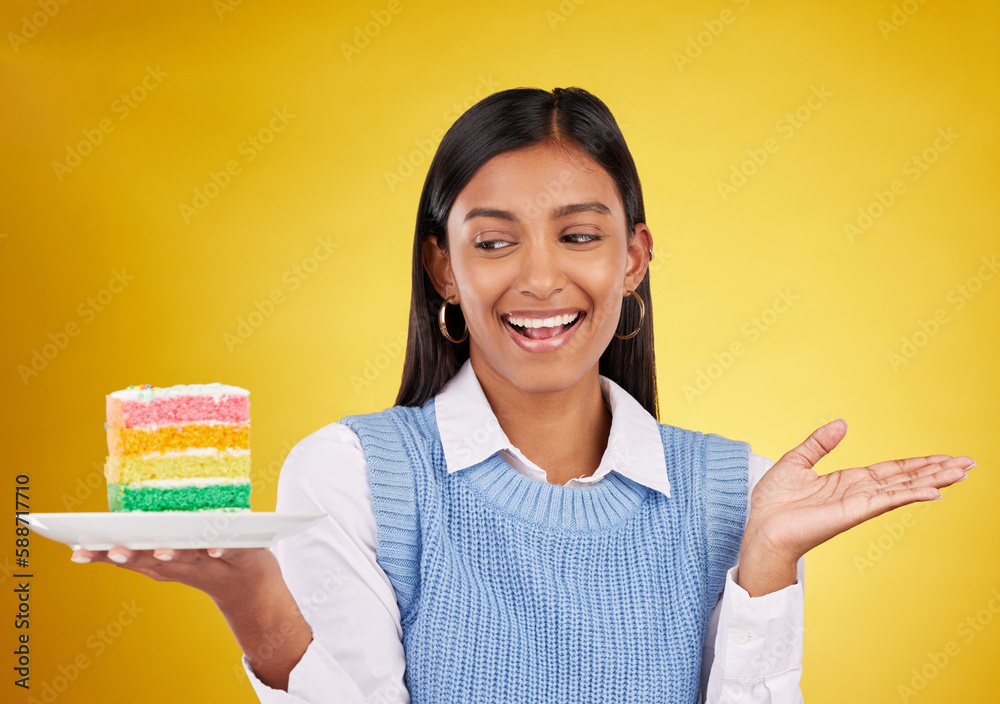 Birthday, smile and woman with cake in studio for happy celebration or ...