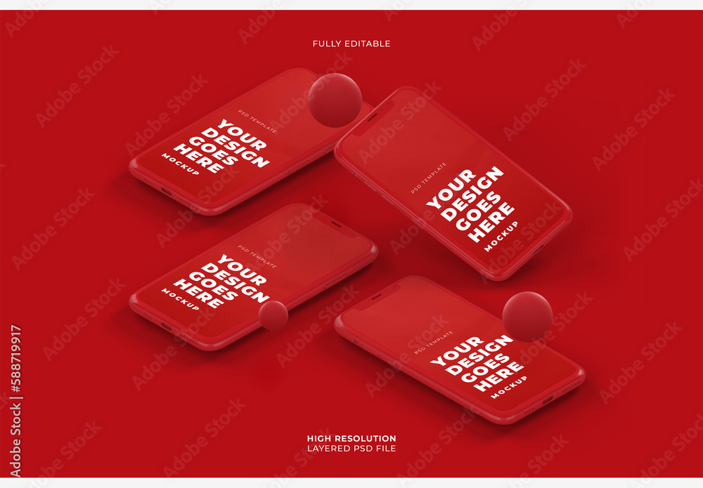 4 Red Smartphones Mockup with 3D Geometry Floating Shapes on Light Red ...