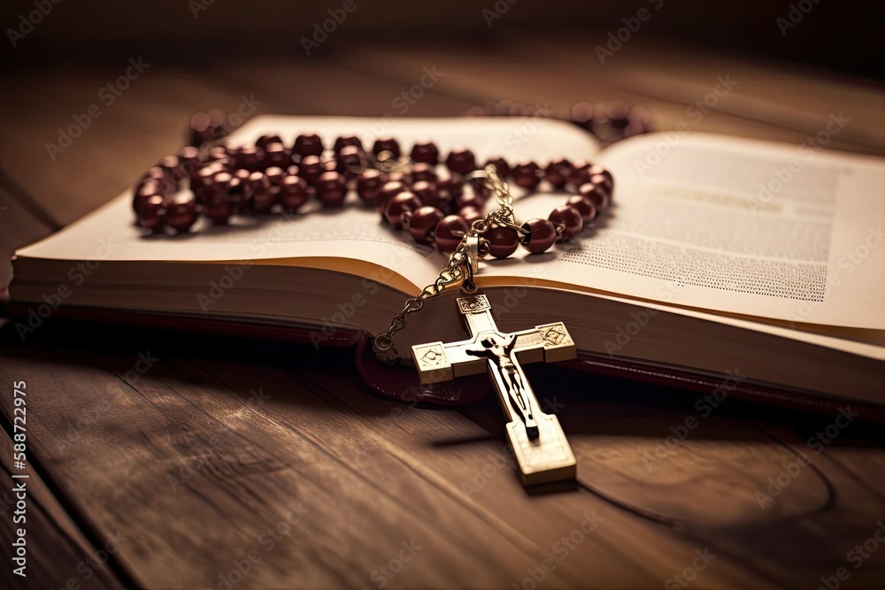 Open bible and wooden rosary with a cross. Generative AI Stock ...