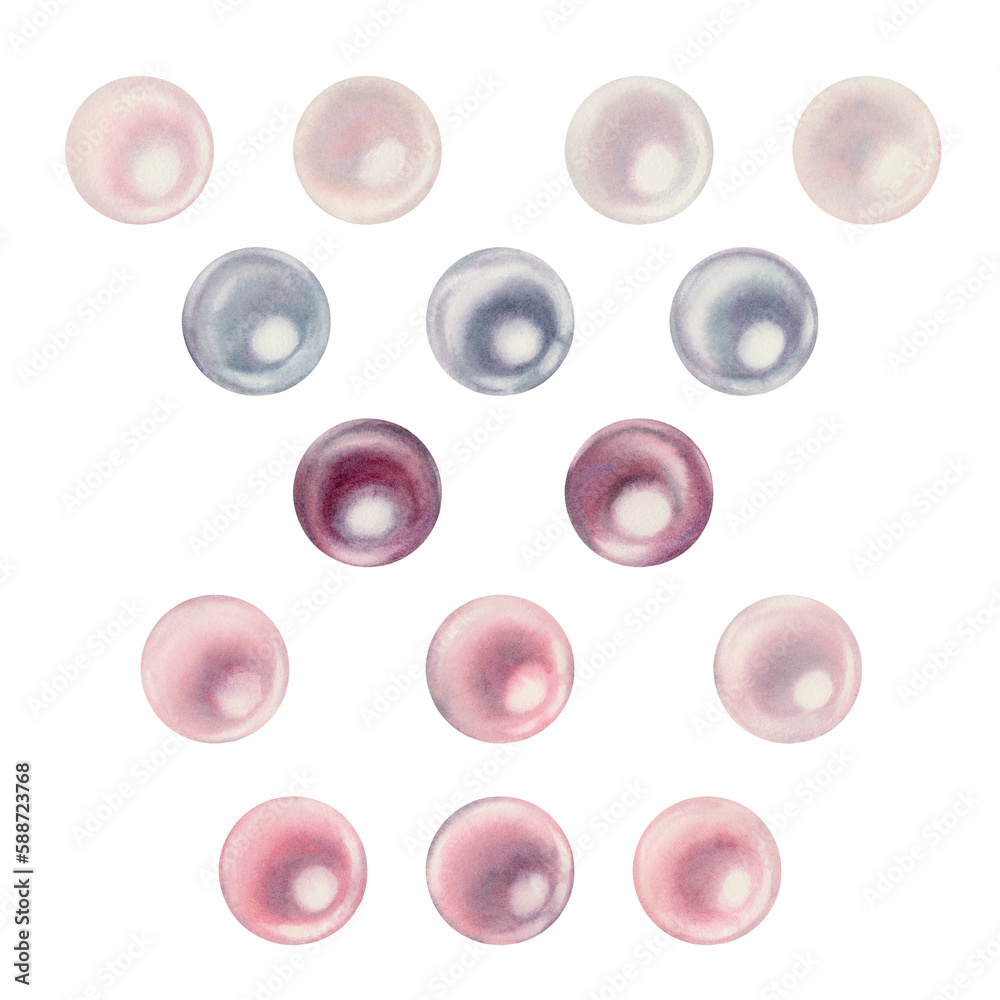 Watercolor hand drawn illustration of sea pearls. Groups and individual ...