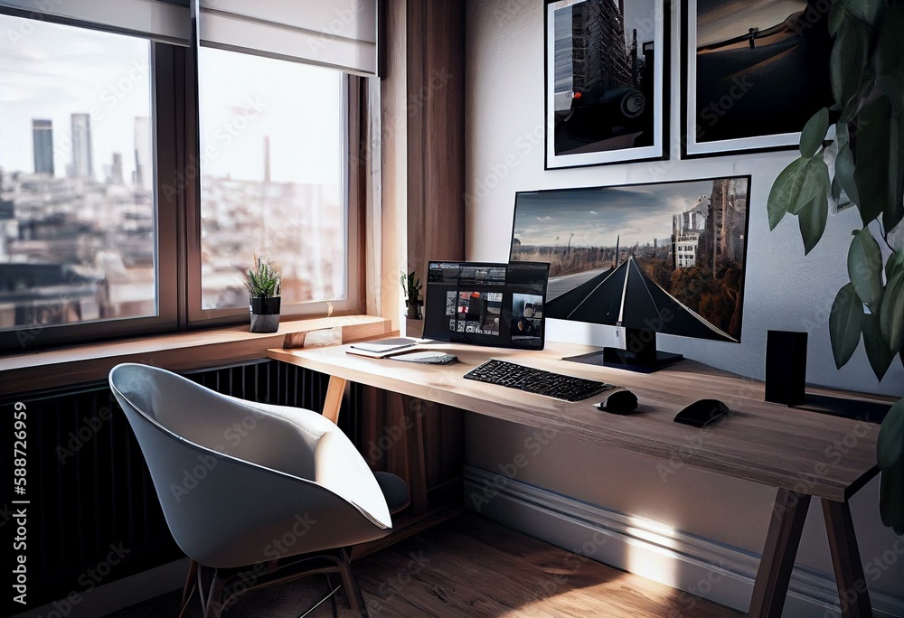 White and wood CEO office corner with computer desk, poster and window ...
