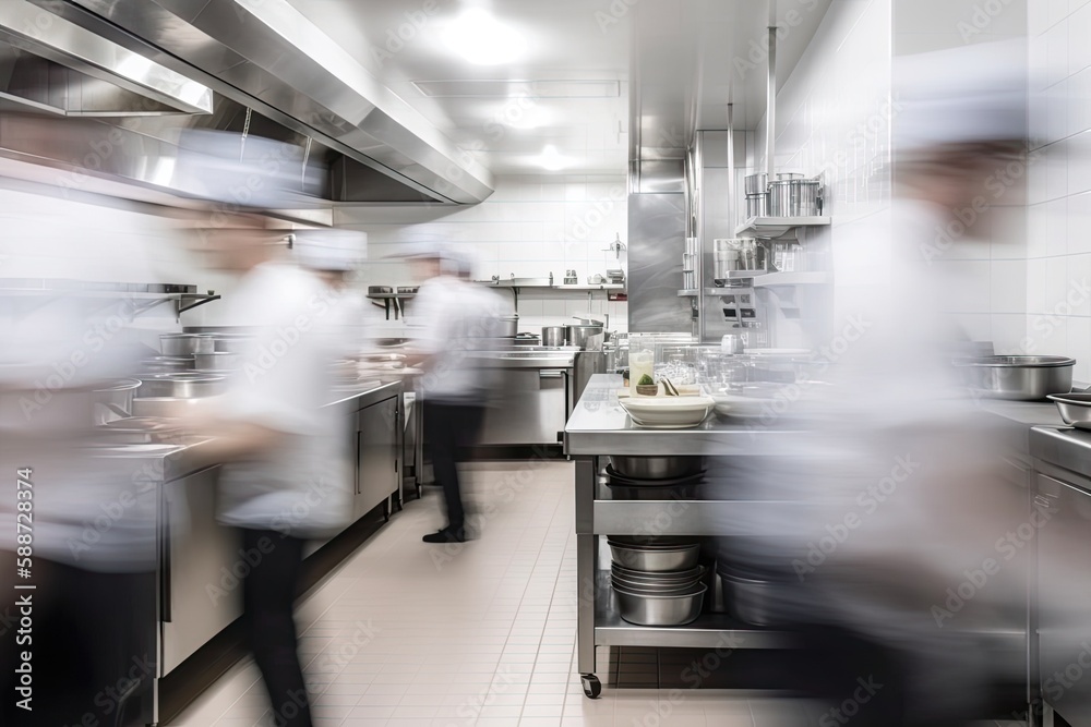 Some chefs and assistents are stressed walking rushing in a modern ...