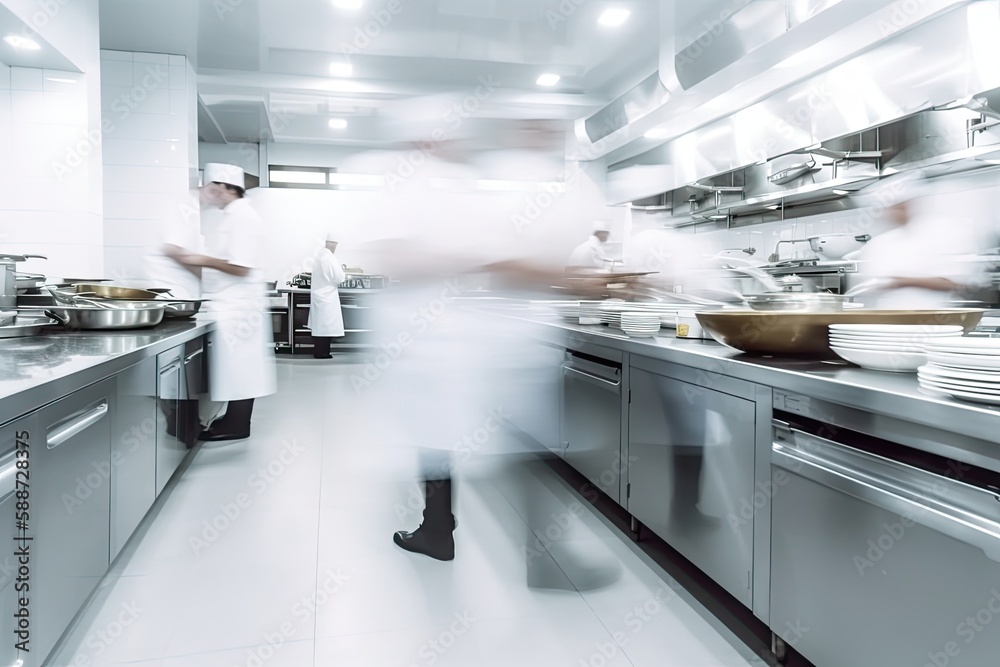 Some chefs and assistents are stressed walking rushing in a modern ...