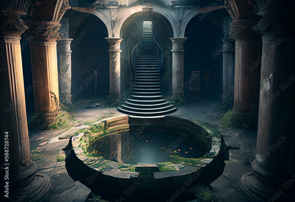 mysterious underground ancient cistern with round entrance and ladder ...