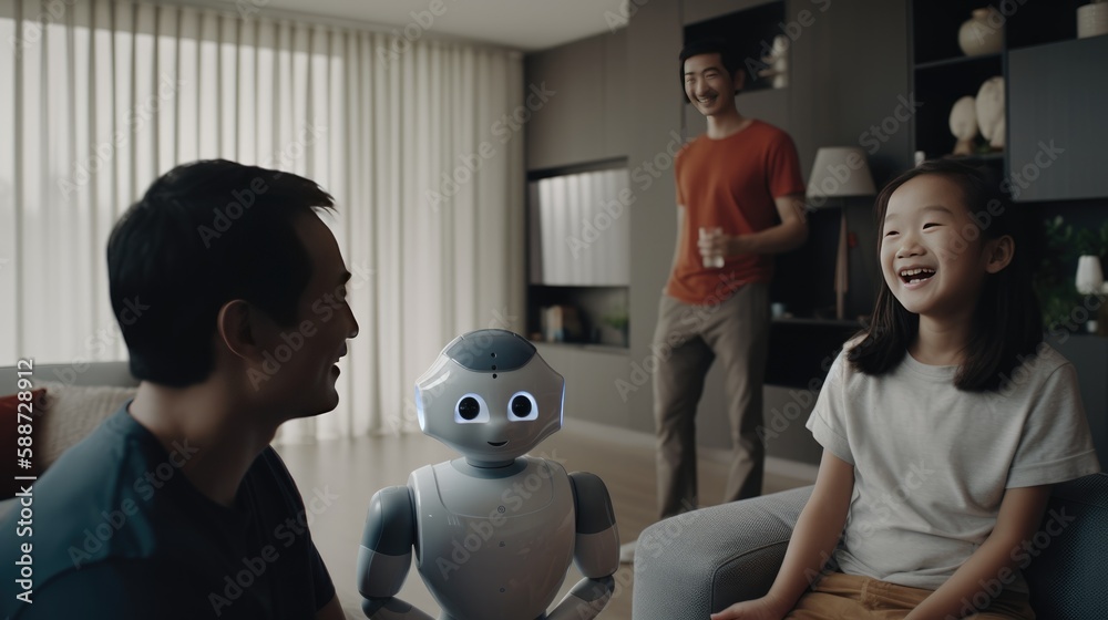 Family members and a humanoid robot talk and laugh together happily at ...