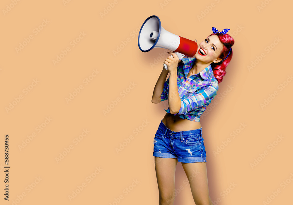 Portrait of red purple haired woman holding megaphone, shout ...